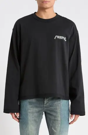PURPLE BRAND Crop Wide Long Sleeve Graphic T-shirt - Black