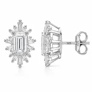 DONATELLO GIAN Sterling Emerald-cut Baguette Halo Stud Earrings - Silver