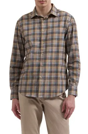 Bugatchi Julian Plaid Cotton Button Up Shirt - Camel