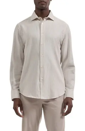 Bugatchi Axel Shaped Fit Striped Cotton Shirt - Sand