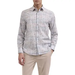 Bugatchi Julian Shaped Plaid Floral Button Up Shirt - Cobblestone