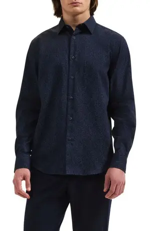 Bugatchi Julian Jacquard Long Sleeve Cotton Button-up Shirt - Navy