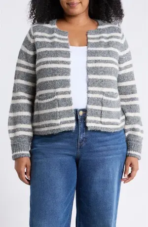 Wit & Wisdom Striped Blouson Sleeve Cardigan - Light Grey/ecru