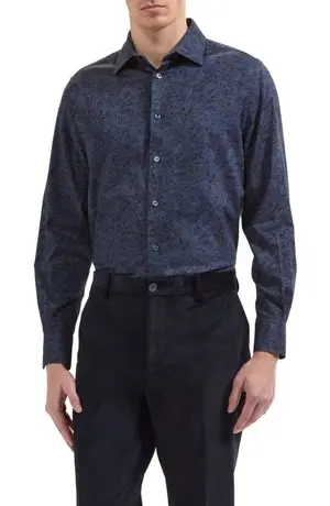 Bugatchi Julian Shaped Fit Long Sleeve Cotton Shirt - Navy