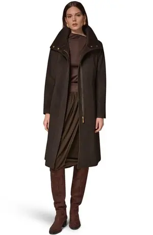 Donna Karan New York Belted Funnel Neck Wool Blend Coat - Chocolate