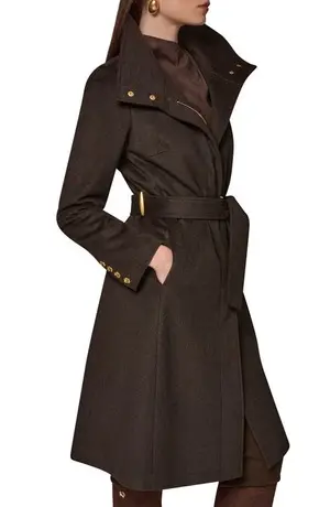 Donna Karan New York Belted Funnel Neck Wool Blend Coat - Chocolate