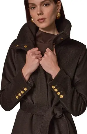 Donna Karan New York Belted Funnel Neck Wool Blend Coat - Chocolate