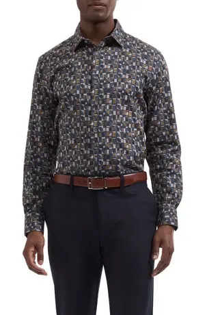 Bugatchi Julian Shaped Geometric Print Cotton Shirt - Ink