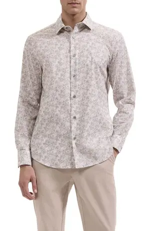 Bugatchi Julian Shaped Fit Leaf Print Stretch Button-up Shirt - Limestone