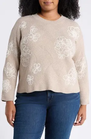 VINCE CAMUTO Vince Camuto Embroidered Floral Crewneck Sweater