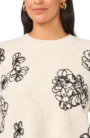 Vince Camuto Embroidered Floral Crewneck Sweater - Sugar Heather