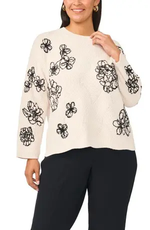 Vince Camuto Embroidered Floral Crewneck Sweater - Sugar Heather