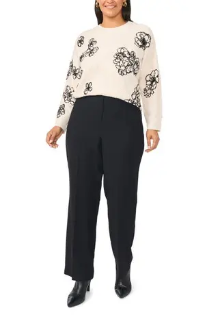 Vince Camuto Embroidered Floral Crewneck Sweater - Sugar Heather