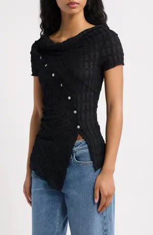 BDG URBAN OUTFITTERS Asymmetrical Button Textured Short Sleeve Top - Black