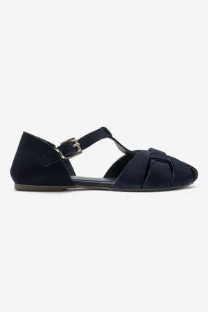 FOREVER & ALWAYS SHOES Falina Braided Leather Flat Sandals - Navy Suede