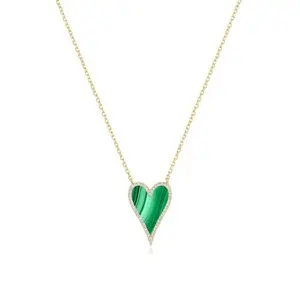 THE LOVERY FINE JEWELRY Elongated Heart Necklace With Cubic Zirconia Halo - Malachite