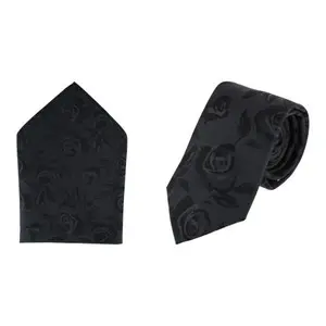 ASCENTIX Rose Print Tone On Tone Tie & Pocket Square Bundle - Black