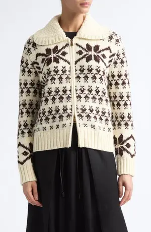 Moncler Fair Isle Wool Blend Zip Cardigan - White