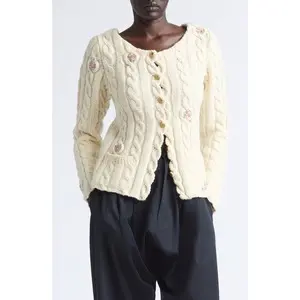 PILLINGS BY RYOTA MURAKAMI Blooming Floral Embroidered Cable Cardigan - White