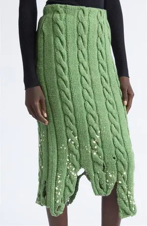 PILLINGS BY RYOTA MURAKAMI Distressed Wool Blend Cable Stitch Sweater Skirt