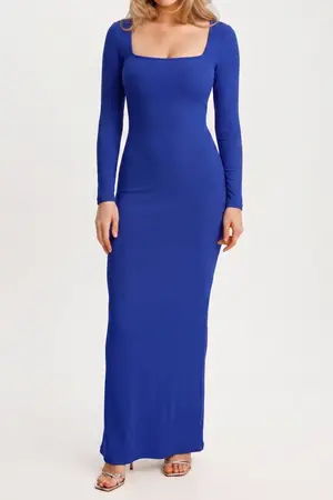 POPILUSH Shapewear Square Neck Long Sleeve Slimming Modal Maxi Dress - Royal