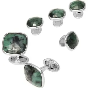 JAN LESLIE Faceted Emerald Sterling Cufflinks & Stud Set - Green