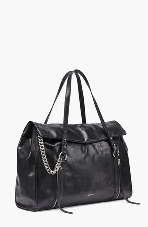 Dkny Skye Large Satchel With Chain Detail - Black/silver