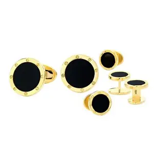 JAN LESLIE Onyx 18kt Gold Cufflinks & Studs - Black