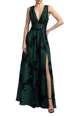 Mac Duggal Burnout Chiffon Sleeveless V Neck A Line Gown - Emerald Multi
