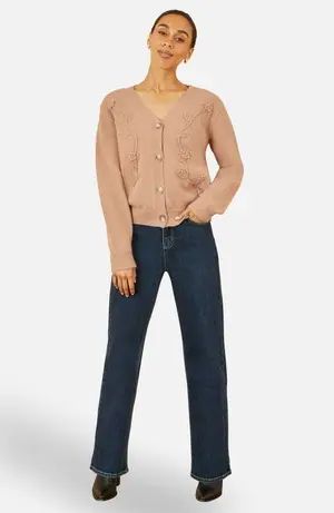 YUMI Floral Embroidered Relaxed Fit Cardigan