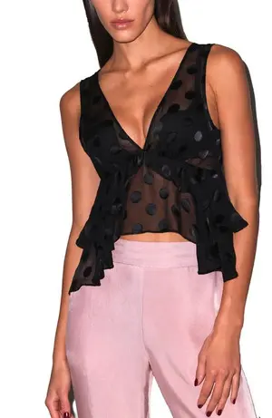 FLEUR DU MAL Polka Dot Ruffle Silk Blend Top - Black