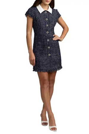 Mac Duggal Boucle Cap Sleeve Mini Dress With Flower Details - Navy