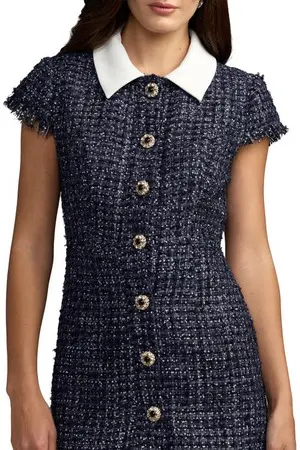 Mac Duggal Bouclé Cap Sleeve Mini Dress With Flower Details