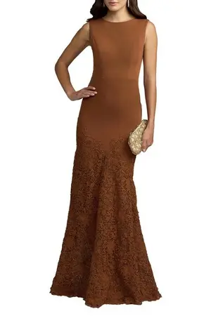 Mac Duggal Sleeveless Boat Neck Lace Mermaid Gown