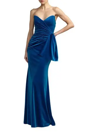 Mac Duggal Strapless Velvet Draped Column Gown