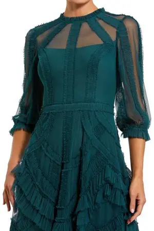 Mac Duggal Petite 3/4 Puff Sleeve Mesh Micro Ruffle Gown