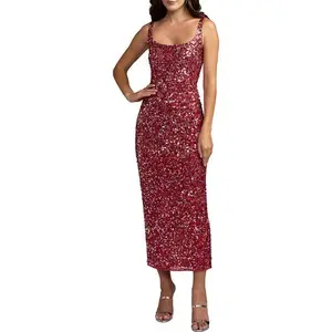 Mac Duggal Sleeveless Sequin Scoop Neck Midi Dress - Red