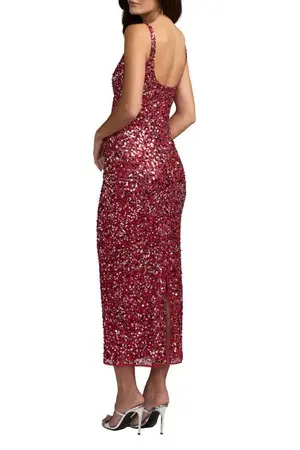 Mac Duggal Sleeveless Sequin Scoop Neck Midi Dress - Red