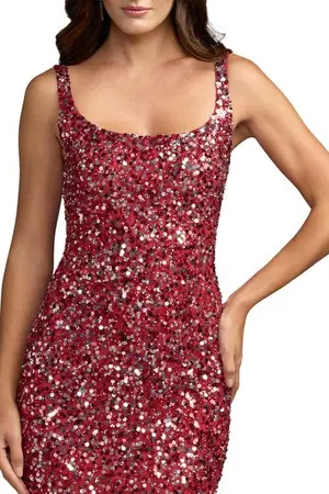 Mac Duggal Sleeveless Sequin Scoop Neck Midi Dress - Red