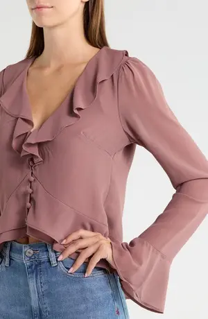PETAL & PUP Vilma Ruffle Top With Plunge Neck - Mauve