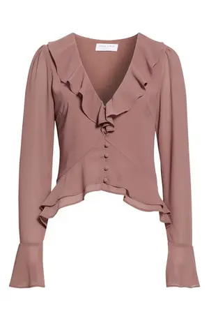 PETAL & PUP Vilma Ruffle Top With Plunge Neck - Mauve
