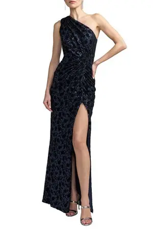 Mac Duggal Floral One Shoulder Sequin Gown With Slit