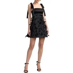 Mac Duggal Square Neck Tie Strap Feather Detail Dress