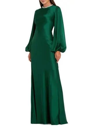 Mac Duggal Beaded High Neck Bishop Sleeve Satin Gown - Emerald