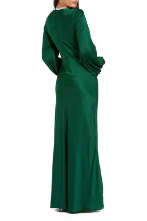 Mac Duggal Beaded High Neck Bishop Sleeve Satin Gown