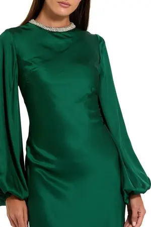 Mac Duggal Beaded High Neck Bishop Sleeve Satin Gown