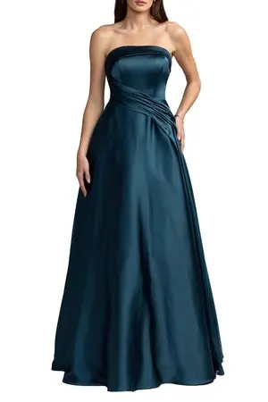 Mac Duggal Satin Strapless Ballgown With Pockets
