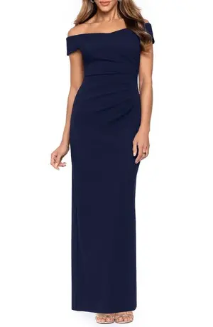 XSCAPE EVENINGS Off-the-shoulder Ruched Scuba-knit Gown - Navy