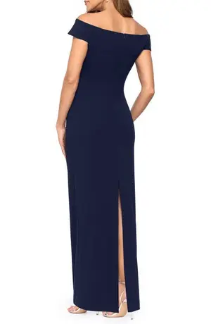 XSCAPE EVENINGS Off-the-shoulder Ruched Scuba-knit Gown