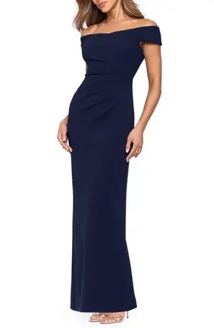 XSCAPE EVENINGS Off-the-shoulder Ruched Scuba-knit Gown